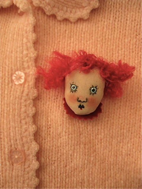 redhead brooch art doll head pin red head art handmade