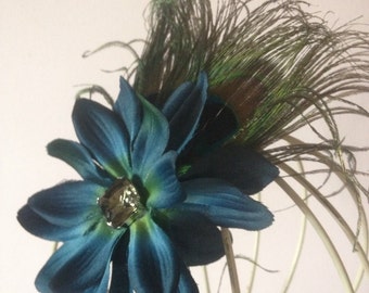 Peacock feather royal blue flower hair clip, vintage jewelry accent ...