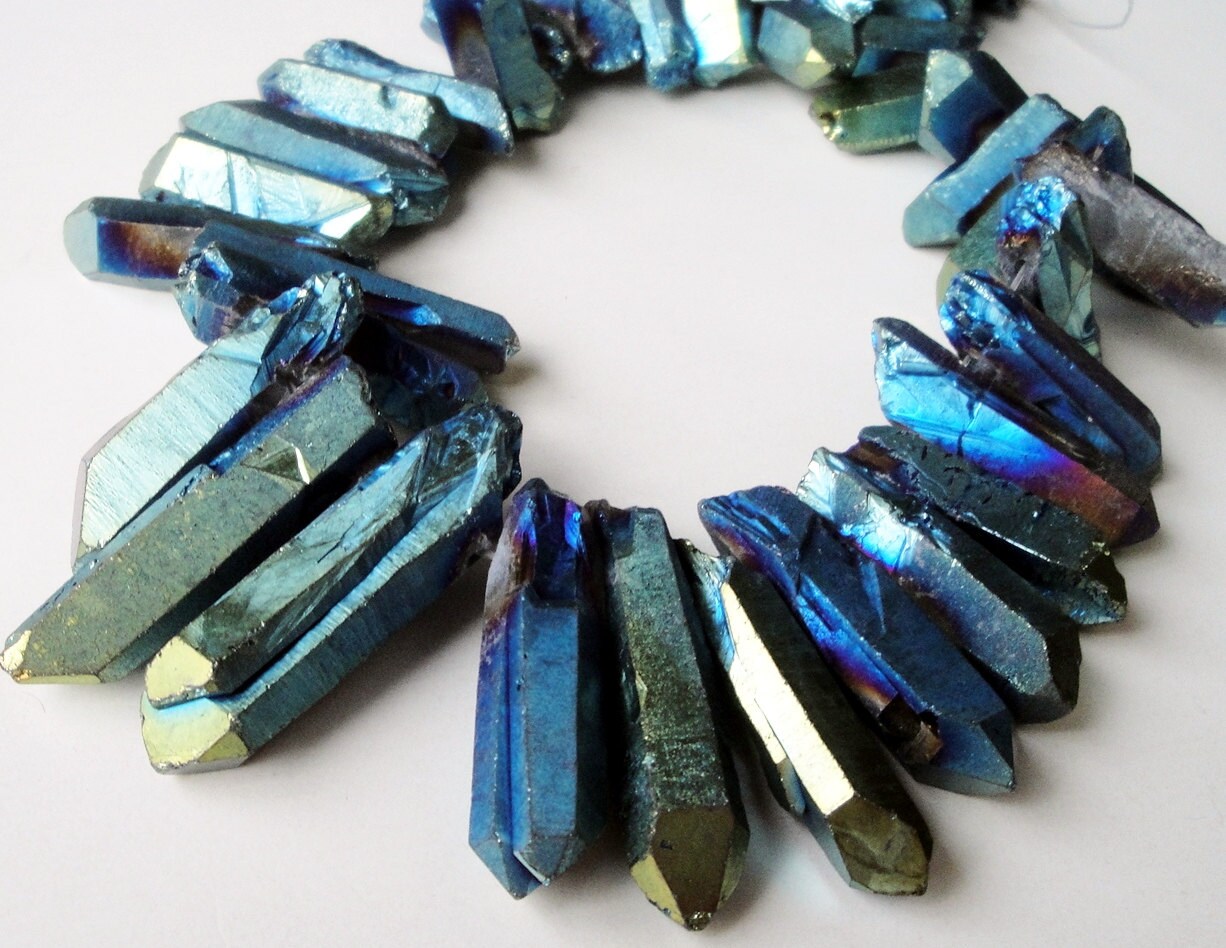 Raw Titanium Spikes Blue Gold Quartz Beads Crystal by BijiBijoux