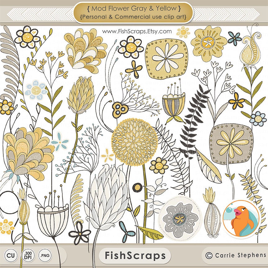 Gray & Yellow Modern Flower Clip Art Flower Digital by FishScraps