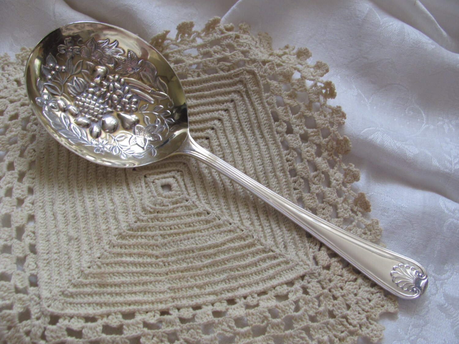 Antique Silver Plate Large Serving Spoon – Gold Embossed Bowl Sheffield ...