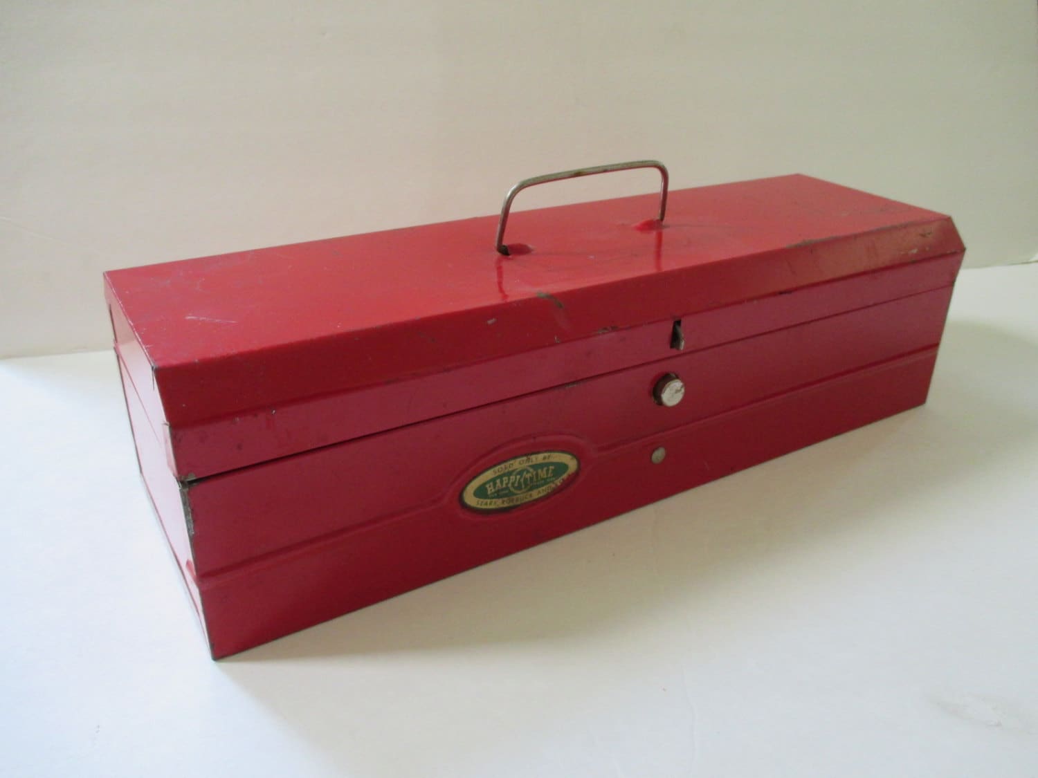 Vintage Red Metal Tool Box Long and Skinny Industrial Chic