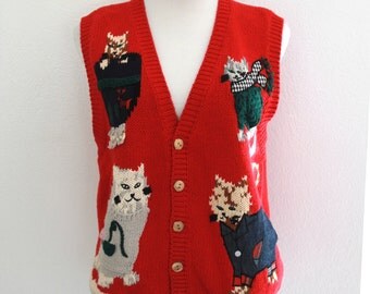 1990's Cat Sweater Vest Red Eagle's Eye V Neck Large