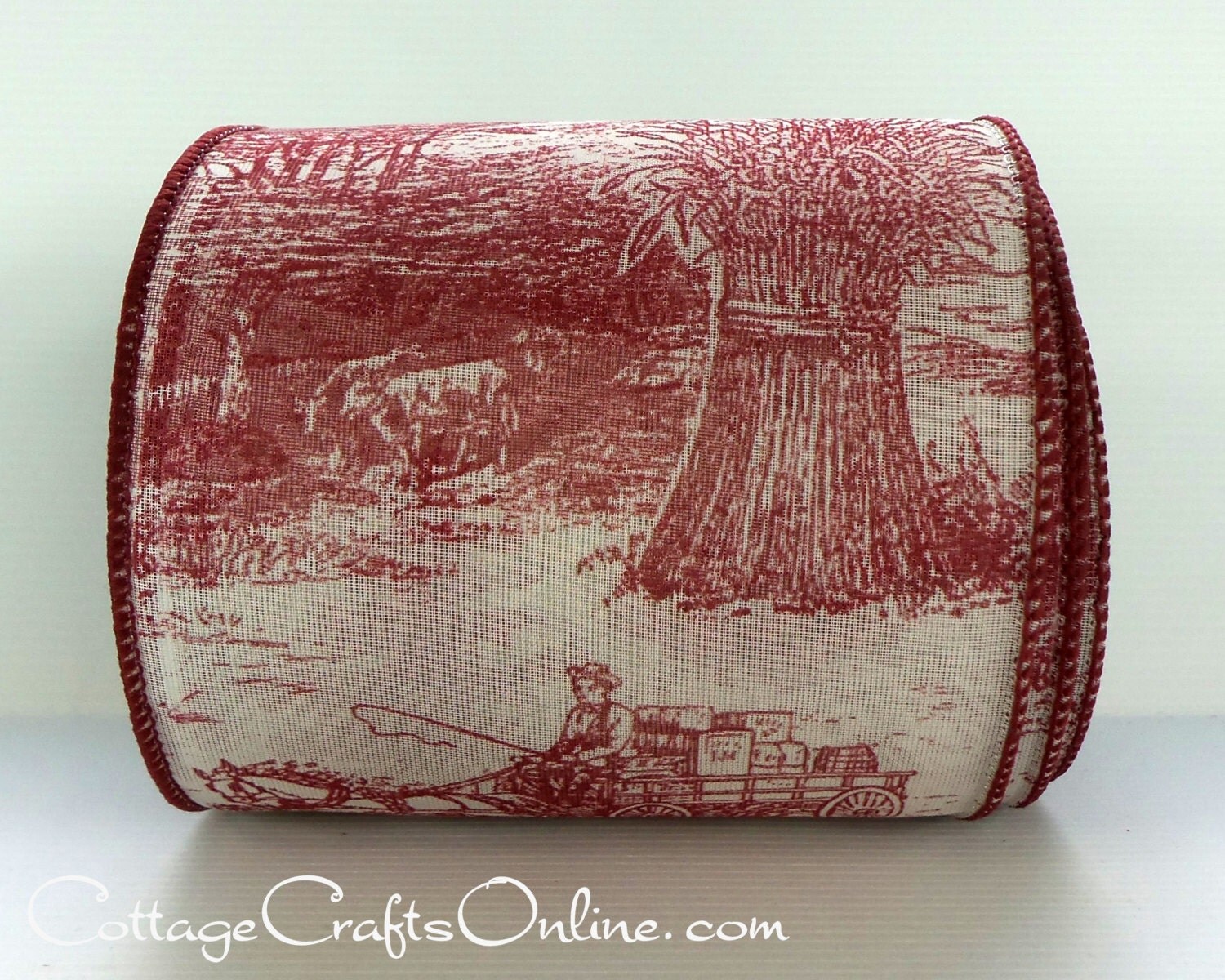 Wired Ribbon 4 wide Burgundy Toile Semi by CottageCraftsOnline