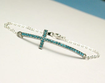 SALE Cross Bracelet - Blue Rhinestone Cross Bracelet - Christian ...