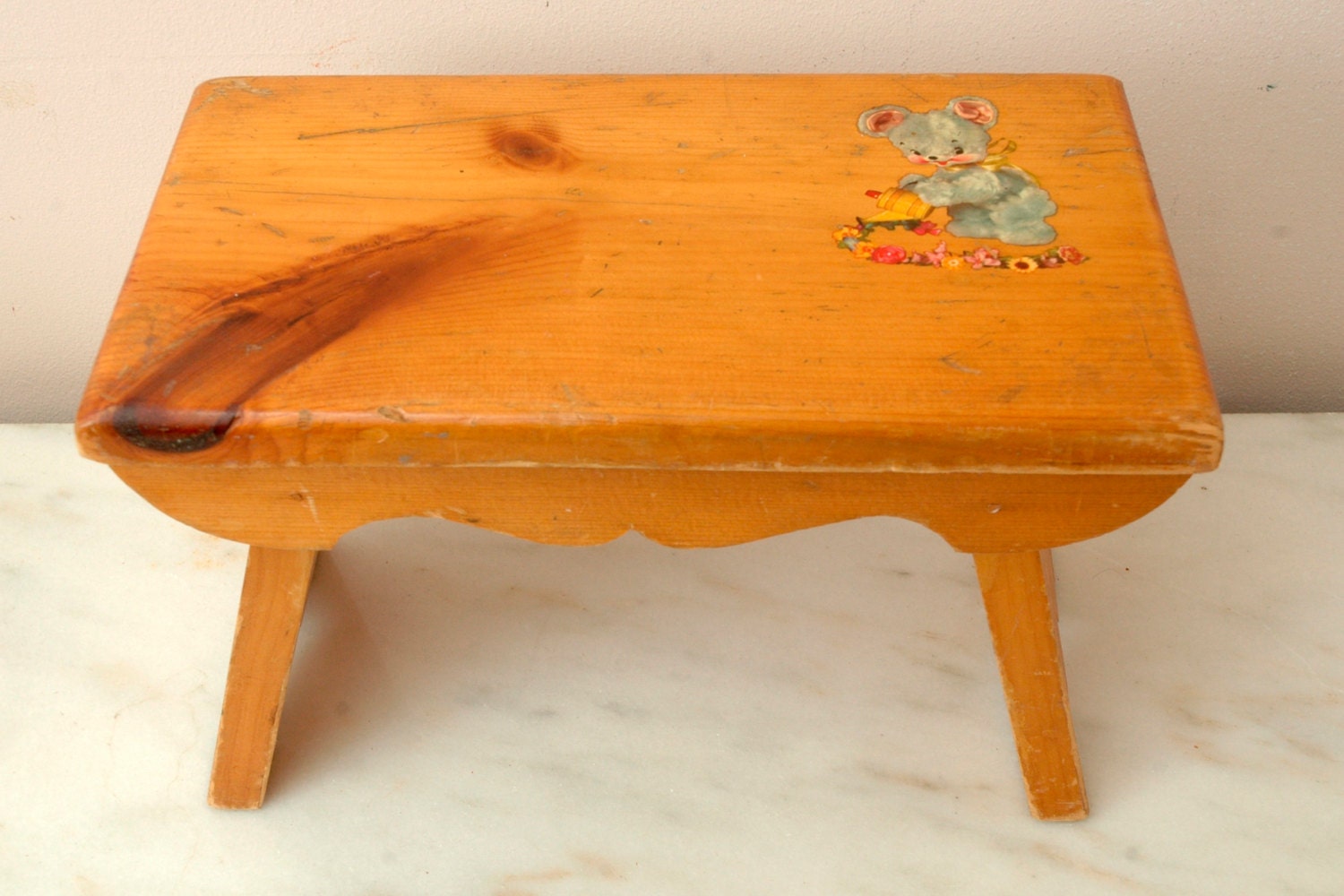 Mid Century Wooden Footstool Teddy Bear with Flowers Decal 1960s ...