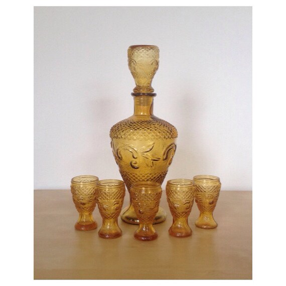 Amber Decanter with 5 Glasses