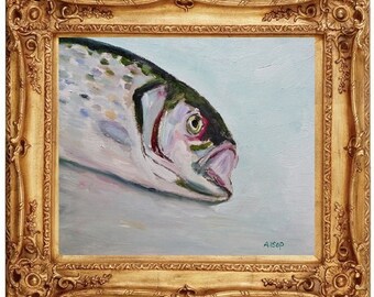 Sea bass Fish Painting, still life art , unframed oil on board, by ...