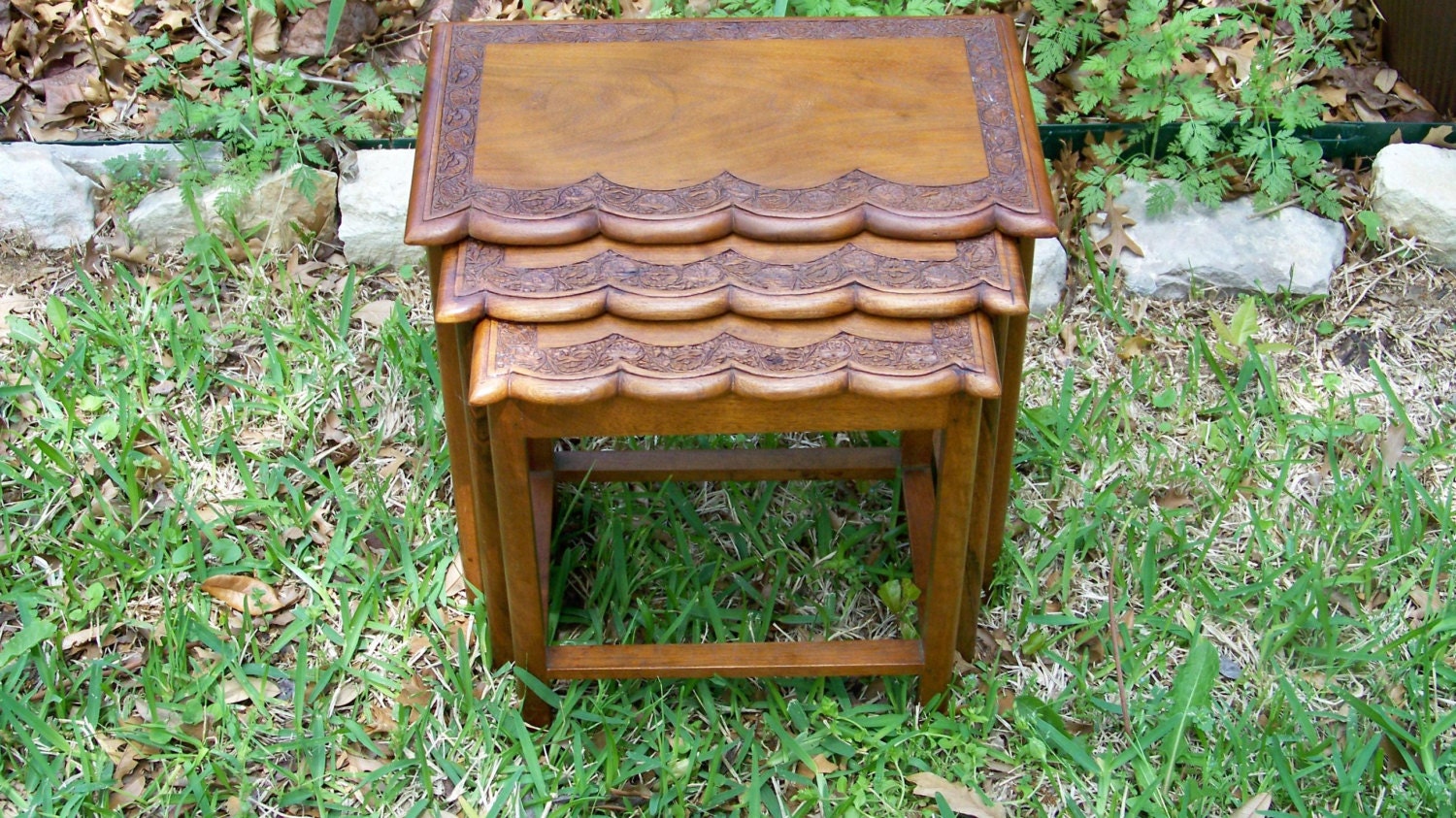 Vintage Hand Carved Small Stacking Tables – Set Of Three – Haute Juice