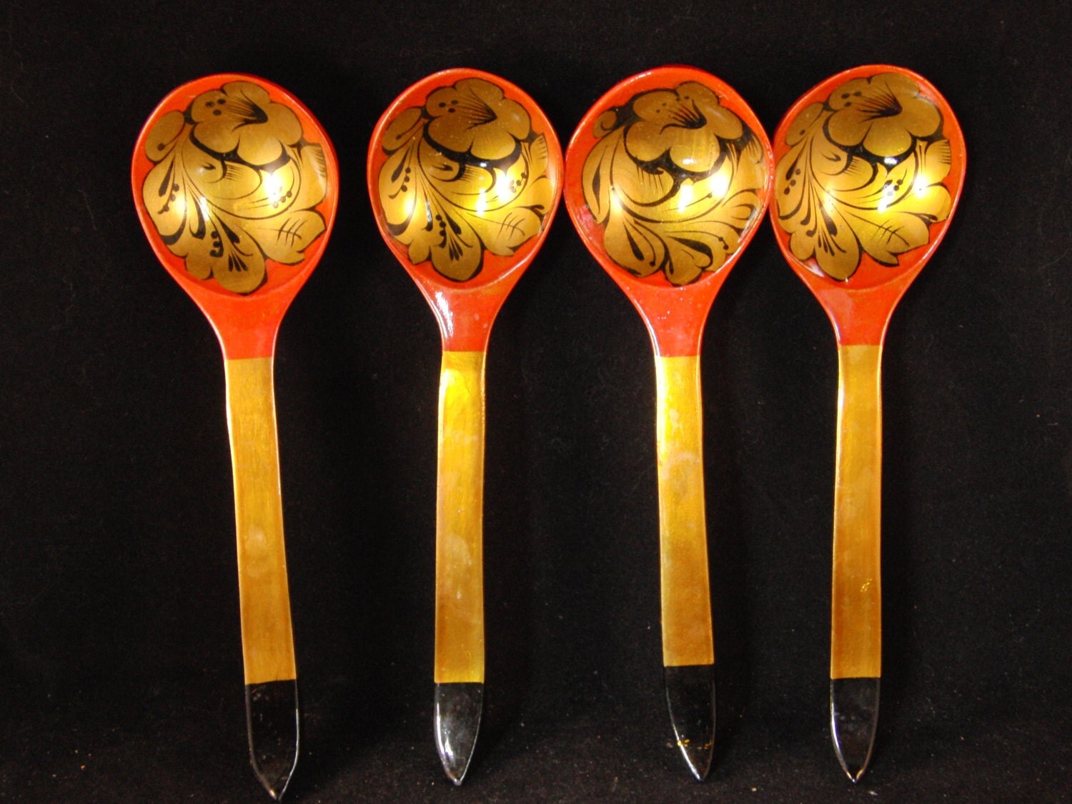 Vintage Russian hand painted wooden spoons red and gold (set of 4 ...