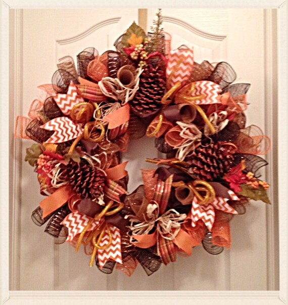 Fall Deco Mesh Wreath w/Glittered Pine by CKDazzlingDesign on Etsy