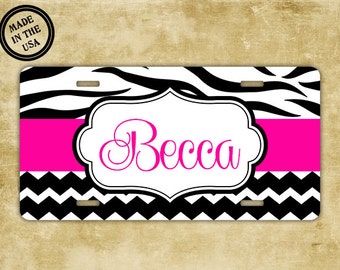 Personalized girly front license plate - Zebra print name monogram ...