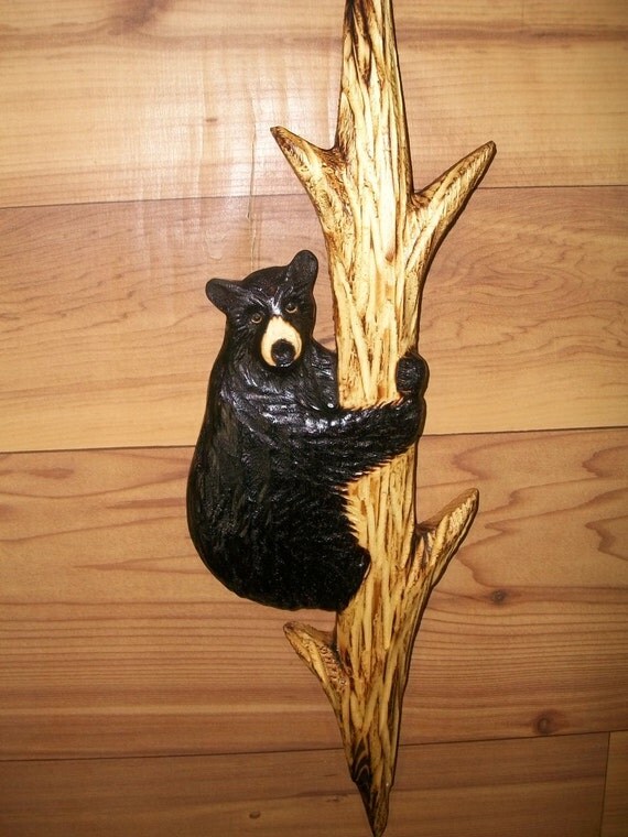 Hand Carved BLACK BEAR CUB in Tree Wall Carving
