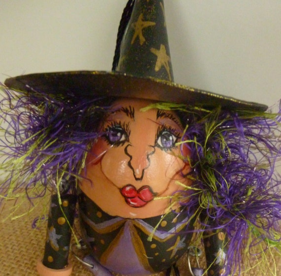 Witch Hand-Painted original wooden egg signed and dated