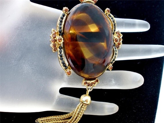 Tassel Brooch Faux Tortoise Shell Signed Hobe Black And