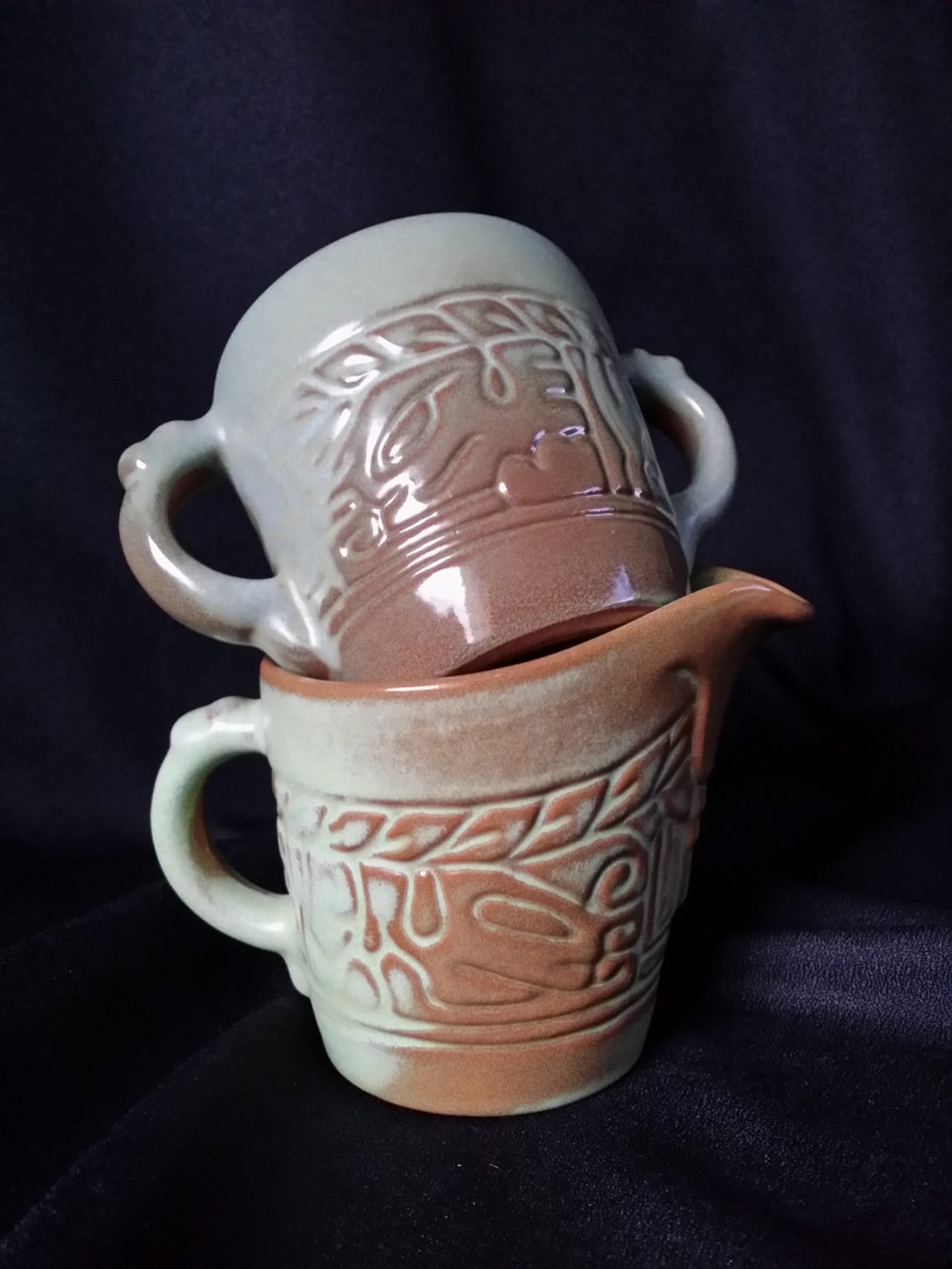 FREE SHIPPING Vintage Frankoma Mayan-Aztec Pattern Prairie Green Glaze ...