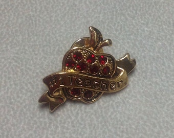 Vintage Avon Jewelry #1 Teacher Gold Tone Red Gem Apple Pin Brooch Tack ...