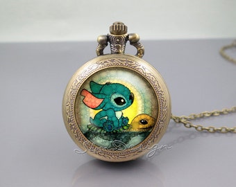 Stitch and Turtle Pocket Watch Locket Necklace,Lilo and Stitch Swimming ...