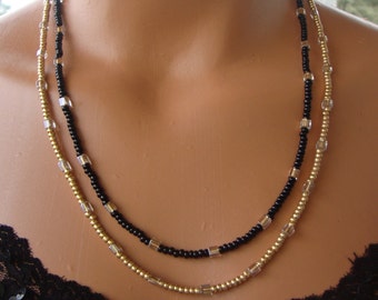 Black and gold beaded necklace, simple beaded necklace, seed bead ...