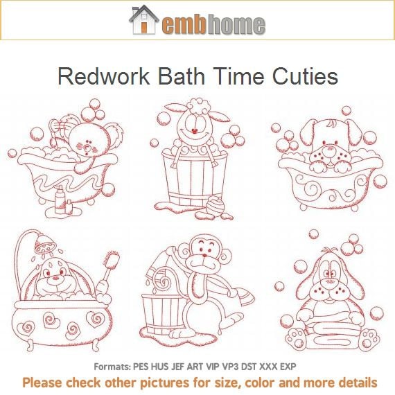 Items similar to Redwork Bath Time Cuties Animal Machine Embroidery Designs Pack Instant ...