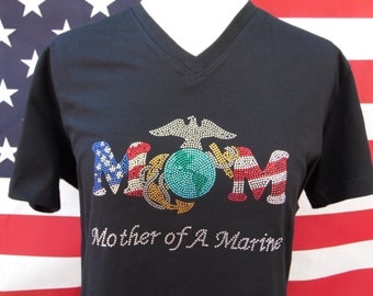 Marine Mom Rhinestone Shirt Long Sleeve or Short Sleeve