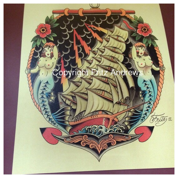 Items similar to Traditional clipper ship with mermaids tattoo flash ...