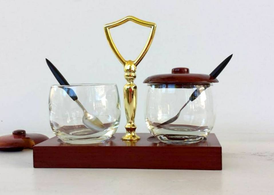 1970s, Vintage Redwood Jam Caddy. 2 Small Glasses With Wood Lids ...