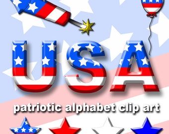Patriotic Alphabet Clipart, USA Digital Alphabet, Red, White and Blue ...