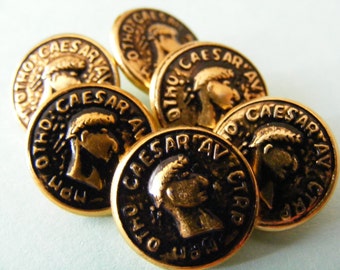 6 CAESAR METAL BUTTONS in antiqued gold or brass metal unused set of 15 ...
