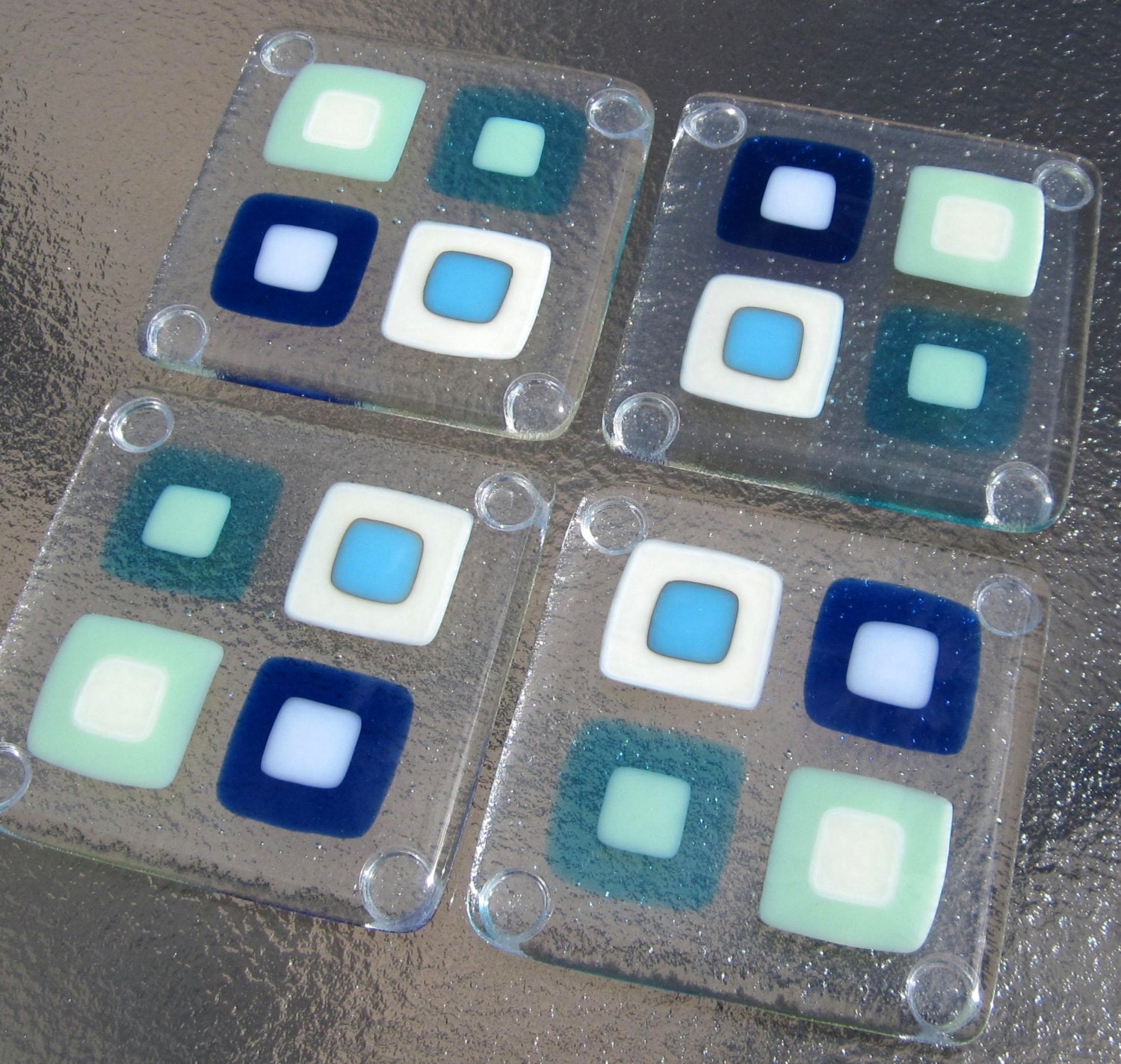 Fused Glass Coasters Ocean Beach Squares in Blue Turquoise