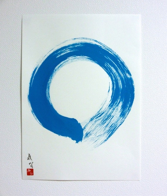 Blue Enso Original Japanese calligraphy wall art painting Zen