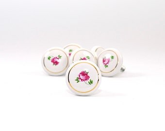 5 Pretty Vintage Ceramic Knobs - White with Pink Roses - Floral - Cabinet Drawer Knobs or Pulls ...