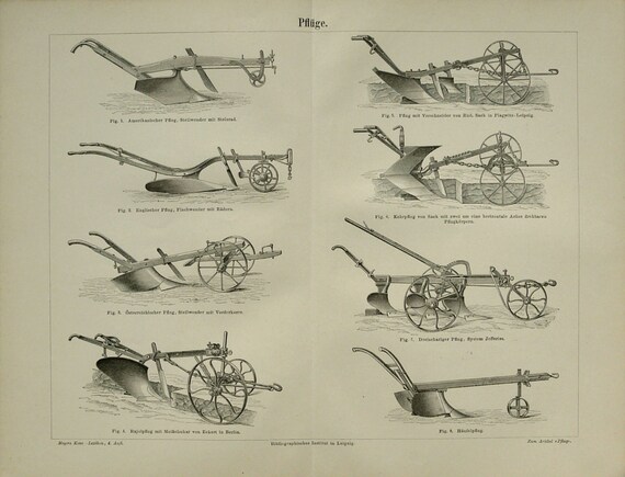 1897 Antique PLOW print different types. Plows. Plough.