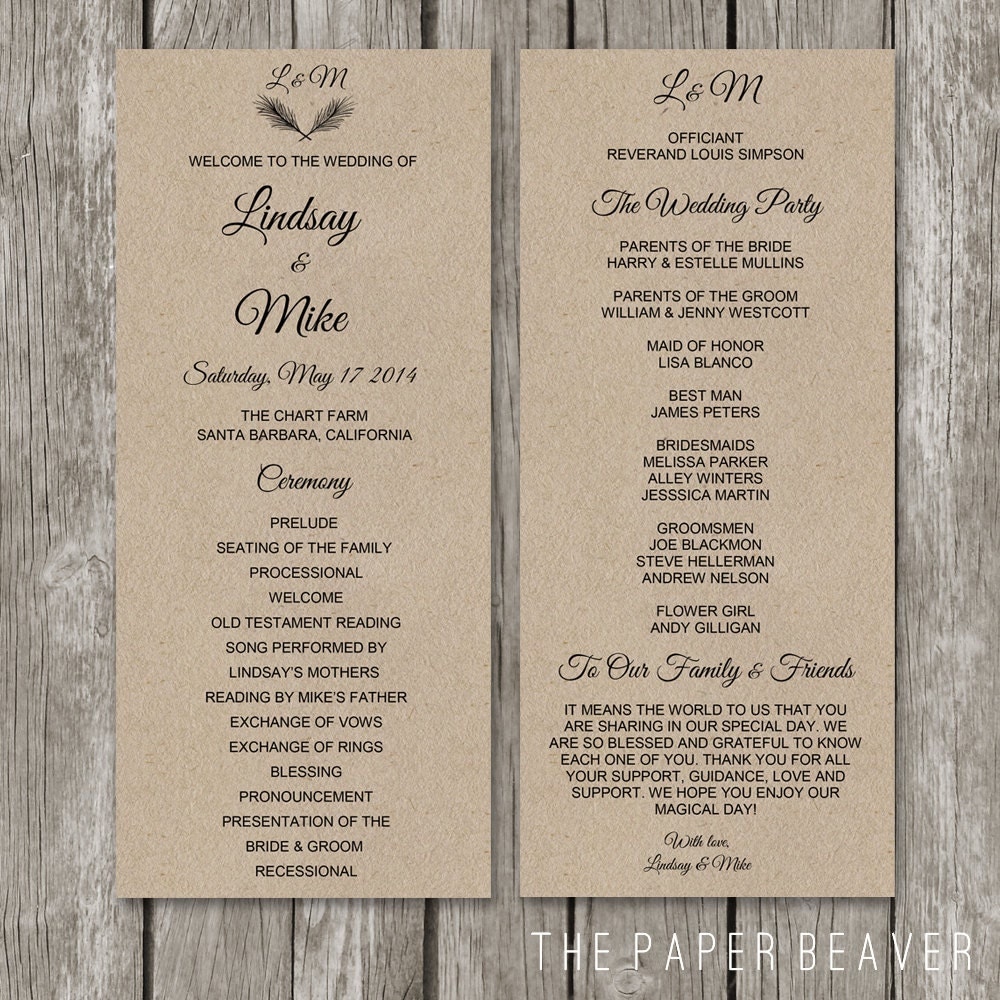 Printable Wedding Program – DIY Rustic Kraft Wedding Welcome Program ...