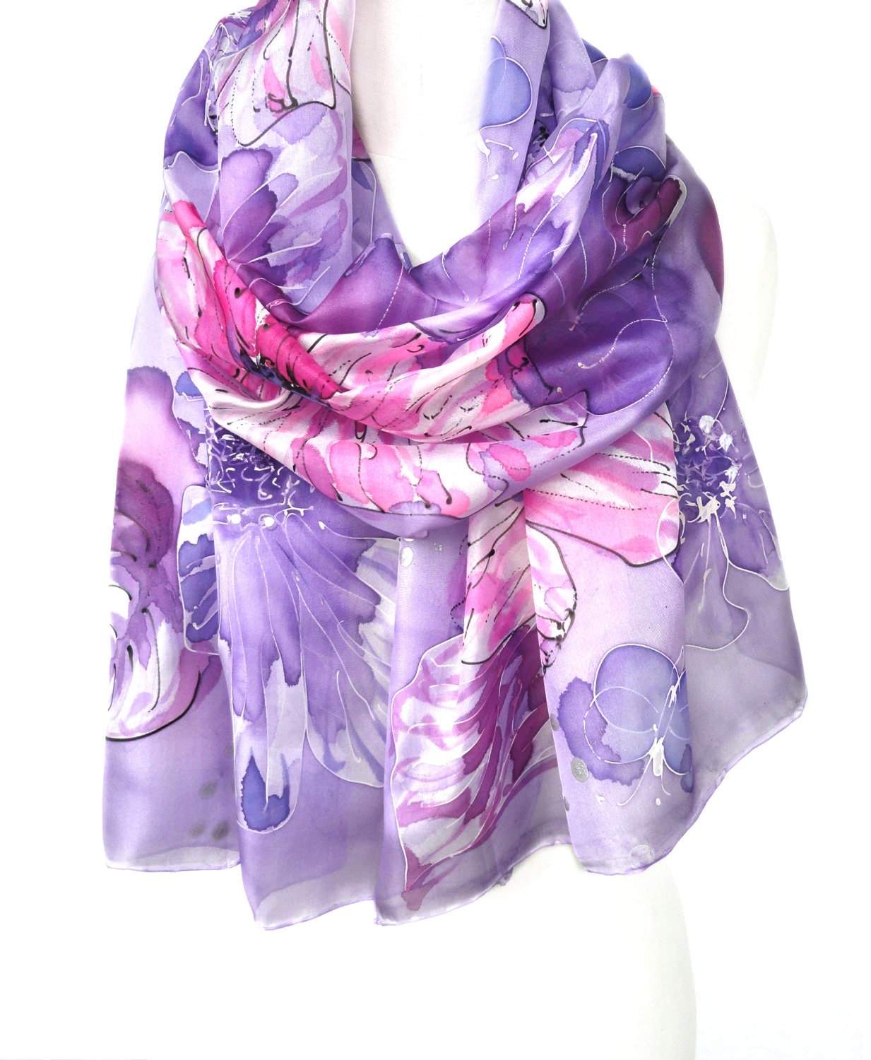 Hand Painted Scarf. Purple Silk Scarf. Anniversary Birthday