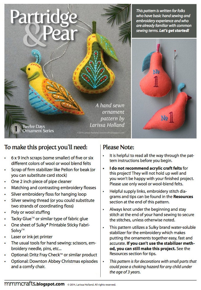 Partridge & Pear PDF pattern for a hand sewn wool felt