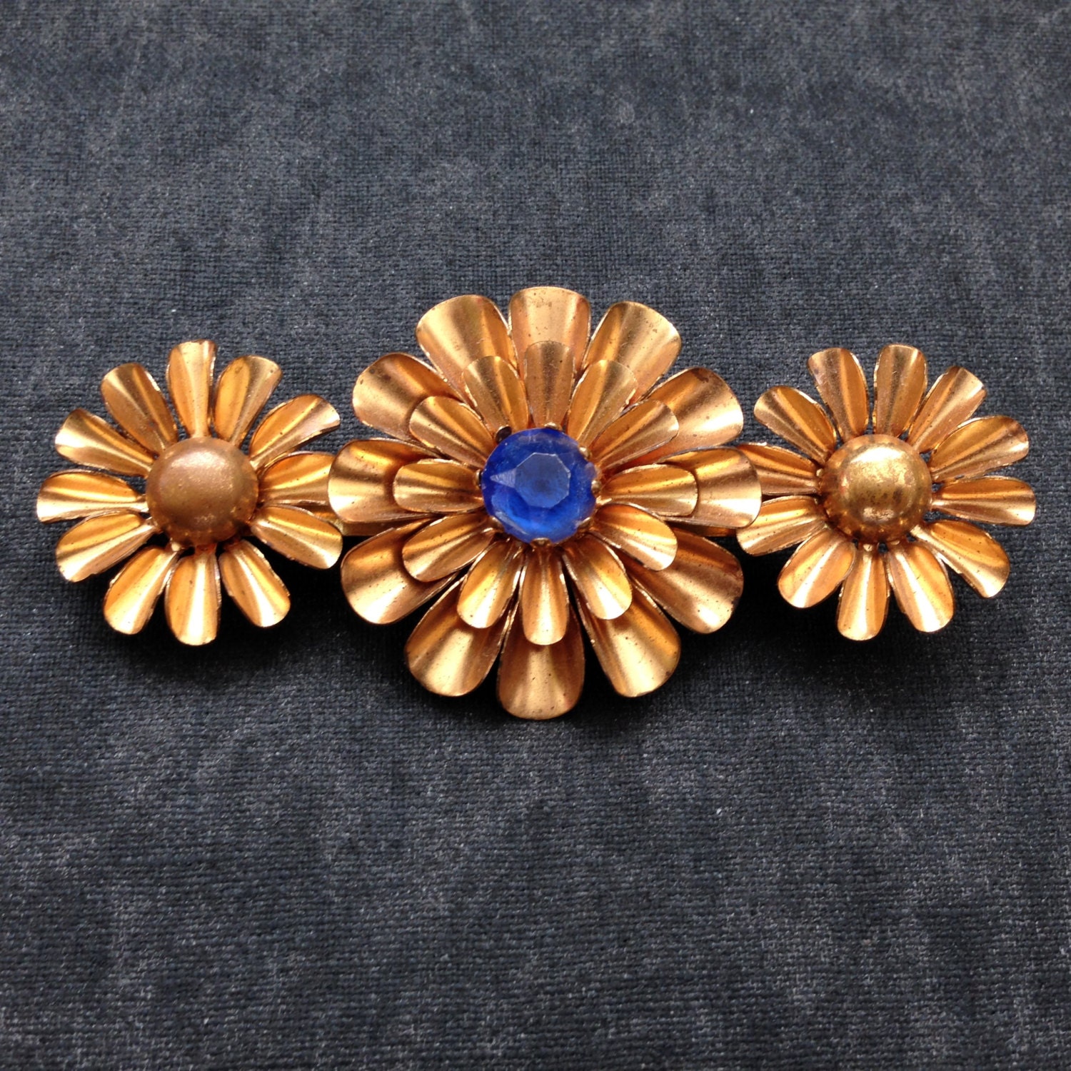 Unique Vintage Triple Flower Brooch with Blue Rhinestone