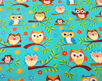 Aqua Owl Print Fabric, Novelty Owl Print, Sewing Material, Quilting ...