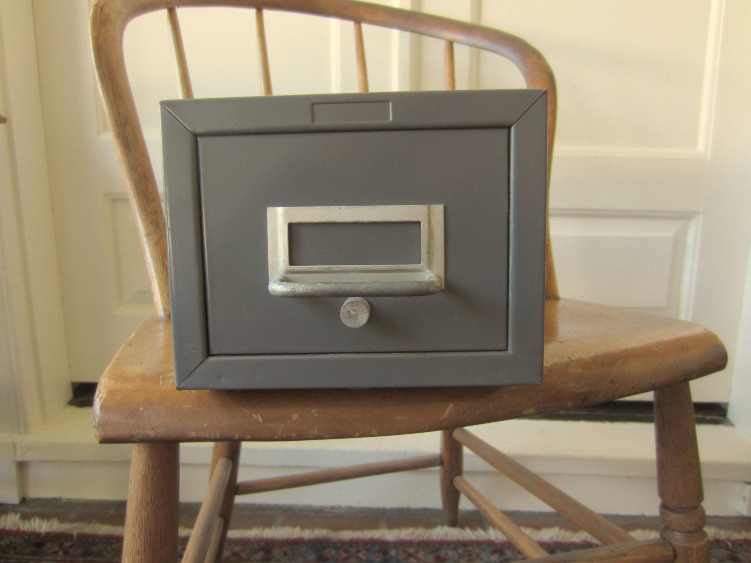 Grey single metal file box. Industrial style organization. Metal file ...