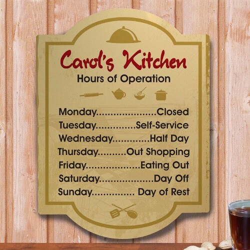 Hours of Operation Personalized Kitchen Wall Sign kitchen