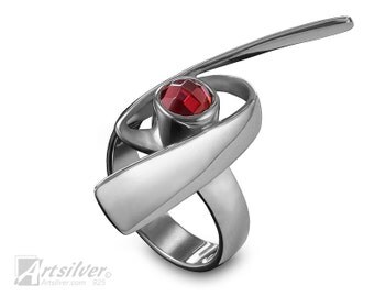 Art Silver Ring Solid Sterling Silver. Multiform Gem Stone