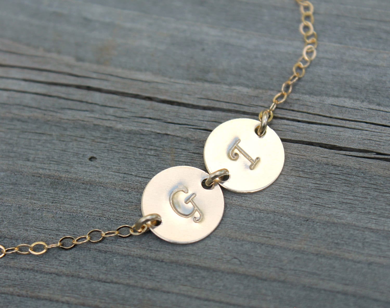 Personalized gold bracelet Two 2 Initial discs 14k by potionumber9