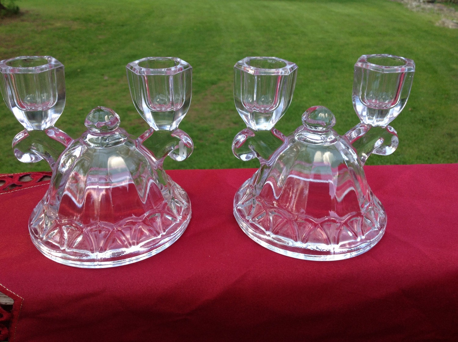 Vintage Pair Of Crocheted Crystal Double Candle Holders By