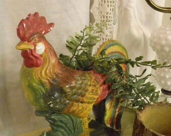 Shabby Chic Ceramic Rooster Planter - Vintage - French Country