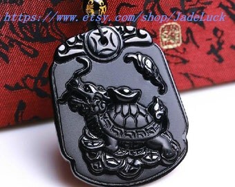 Free shipping - Hand carved natural obsidian dragon turtle charm good ...
