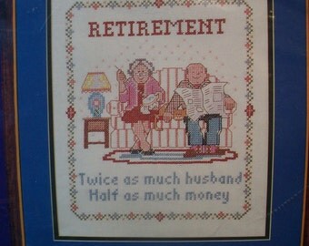 Printed Cross Stitch "Retirement" finished size 10" x 12" not dated