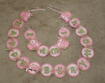 Items similar to Happy Pink Owl Happy Birthday and Name Banner Combo ...