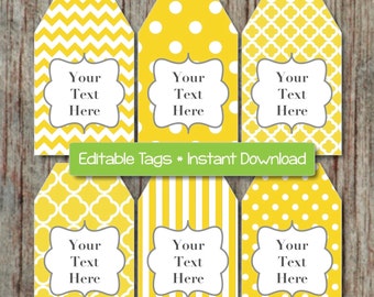 Printable Tags Editable JPG Yellow Grey INSTANT DOWNLOAD