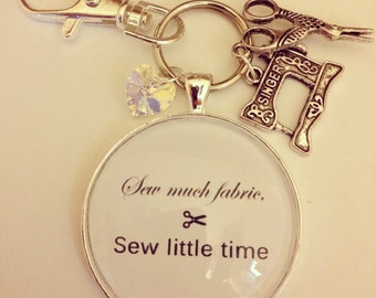 Large Silver plated Keyring Keyfob Pendant with Sewing Quote