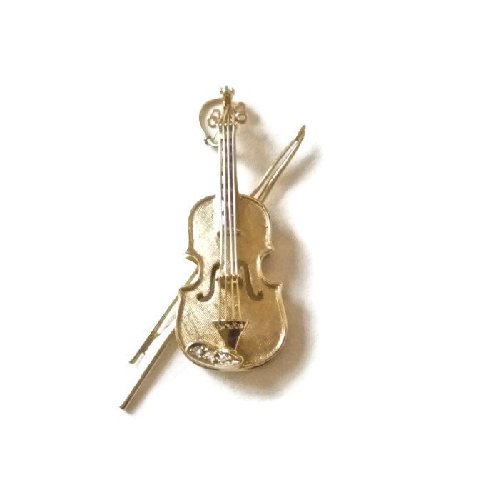 14k Gold Violin Pendant with Diamonds and Rubies